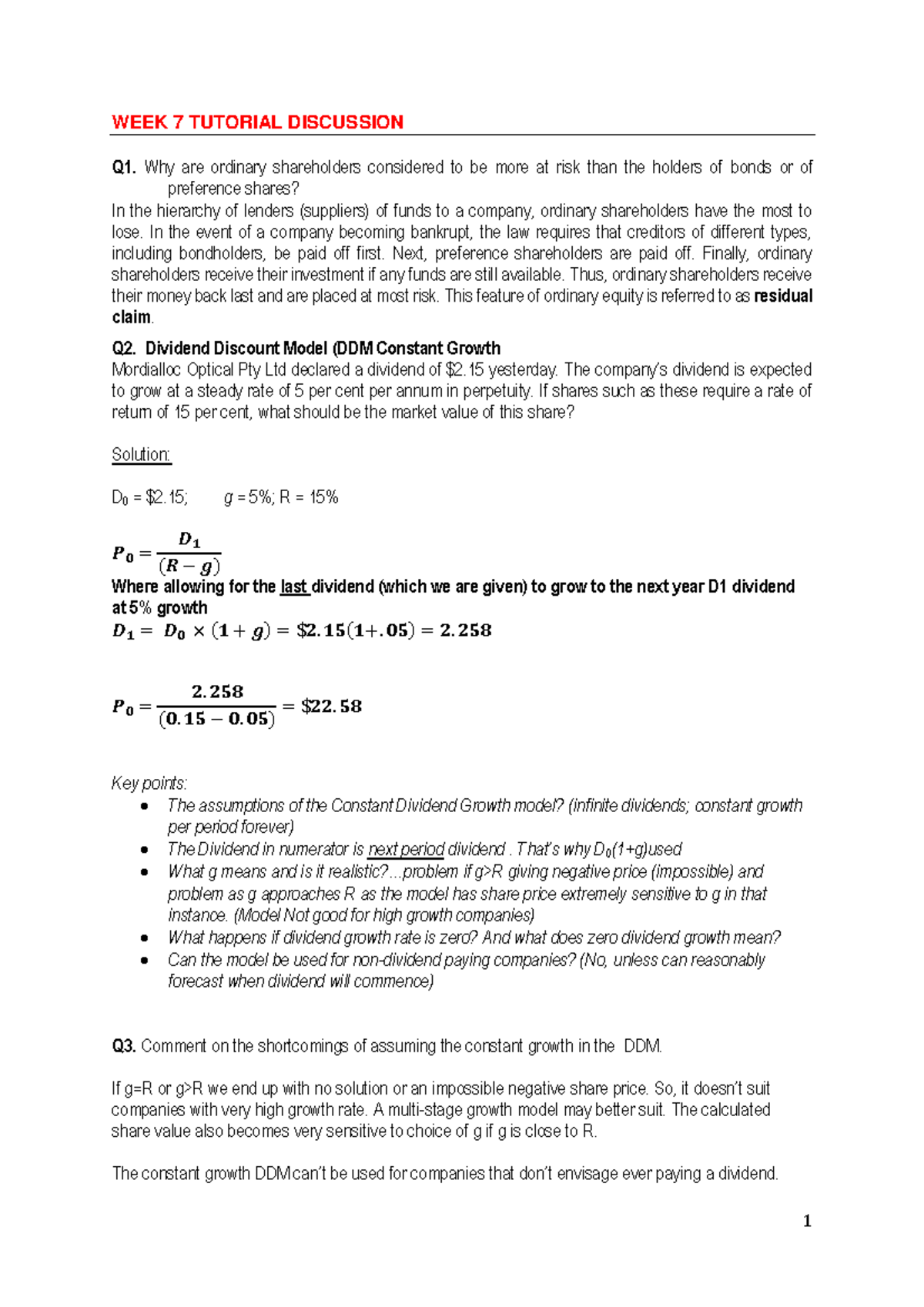 TUTE Problems Topic 7 Tutor Guide - WEEK 7 TUTORIAL DISCUSSION Q1. Why ...