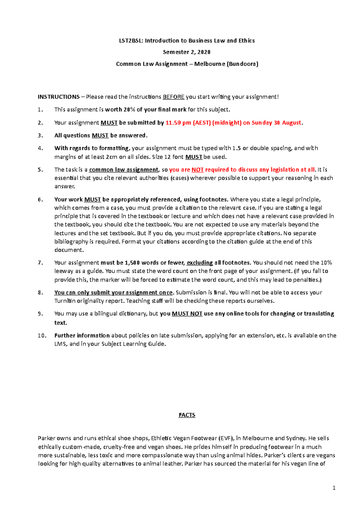 Semester 2, 2020 LST2BSL Common Law Assignment Instructions and ...