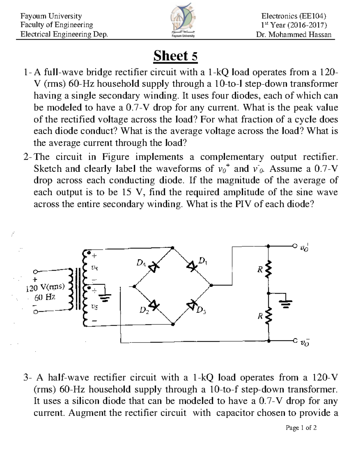 Sheet 5 - Fayoum University Faculty of Engineering Electrical Engineering Dep. Electronics ...