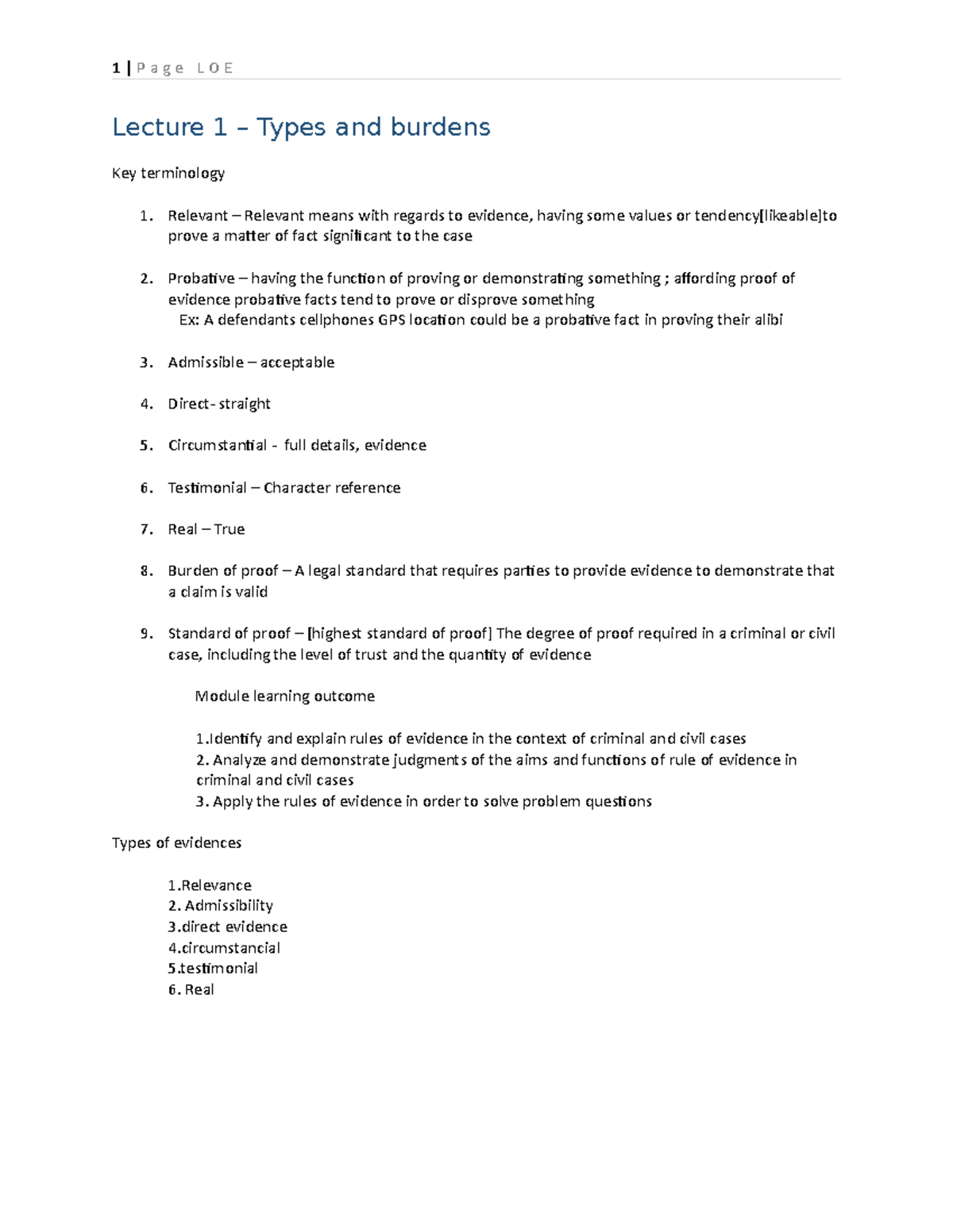 Lecture 1 LOE - Introduction to law of evidence - Lecture 1 – Types and ...