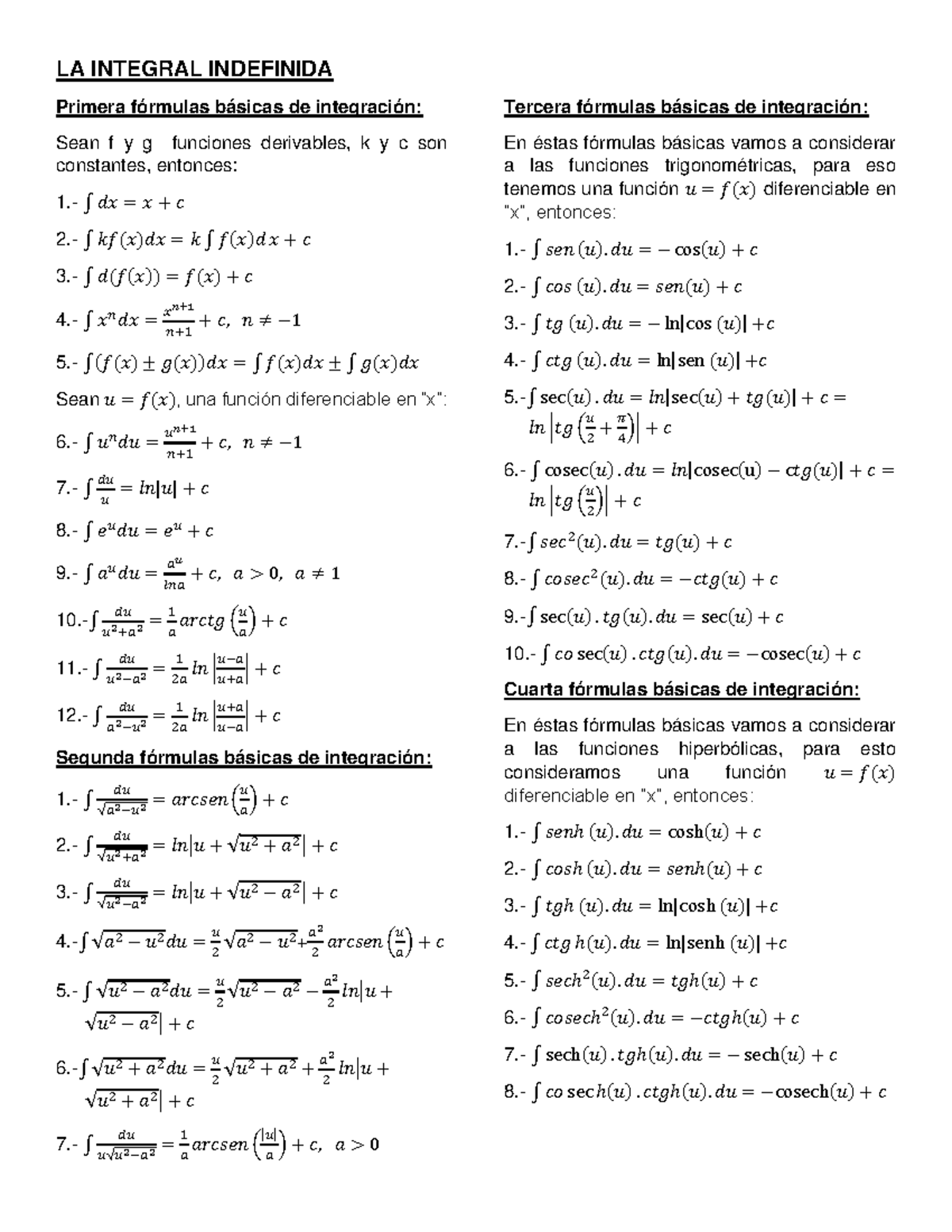 Clases DE Integrales Indefinidas Y Definidas-DOS Columnas - LA INTEGRAL ...