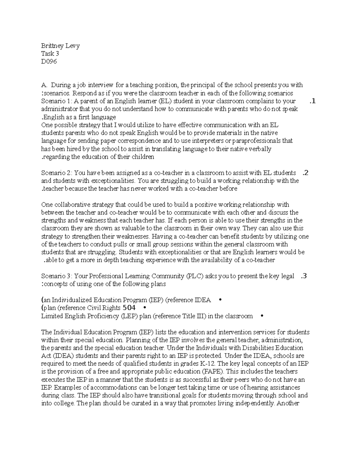 Task 3 D096 - Task 3 - Brittney Levy Task 3 D A. During a job interview ...
