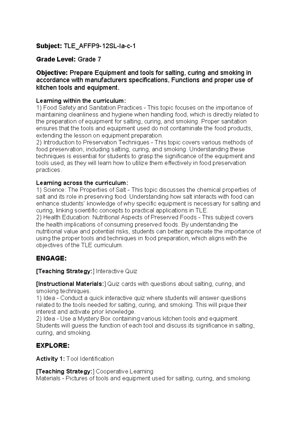 Lesson plan TINE - Subject: TLE_AFFP9-12SL-Ia-c- Grade Level: Grade 7 ...