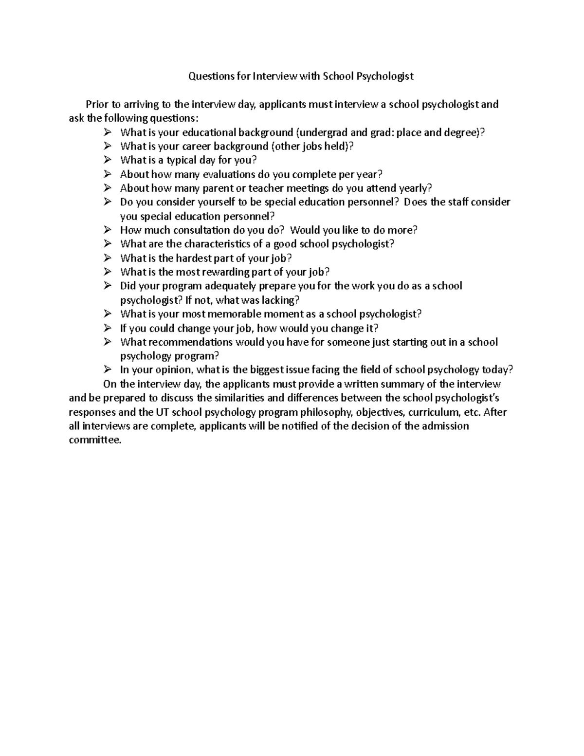 Questions for Interview with School Psychologist - After all interviews ...