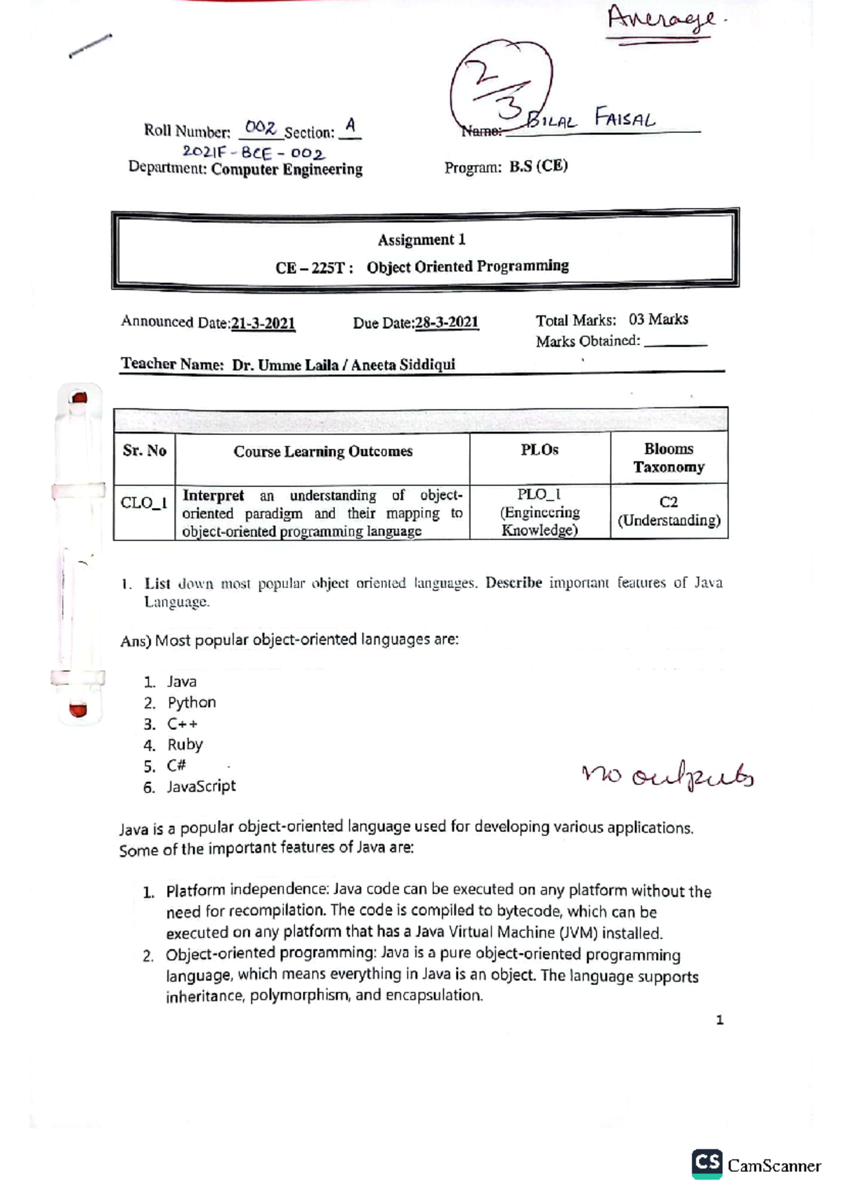 Assignment 1 sec A avg - Assignemt 1 sec 1 - object oriented programming - Studocu
