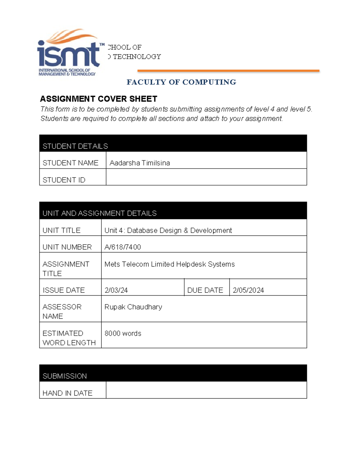 Assignment Cover Sheet - IT - INTERNATIONAL SCHOOL OF MANAGEMENT AND ...