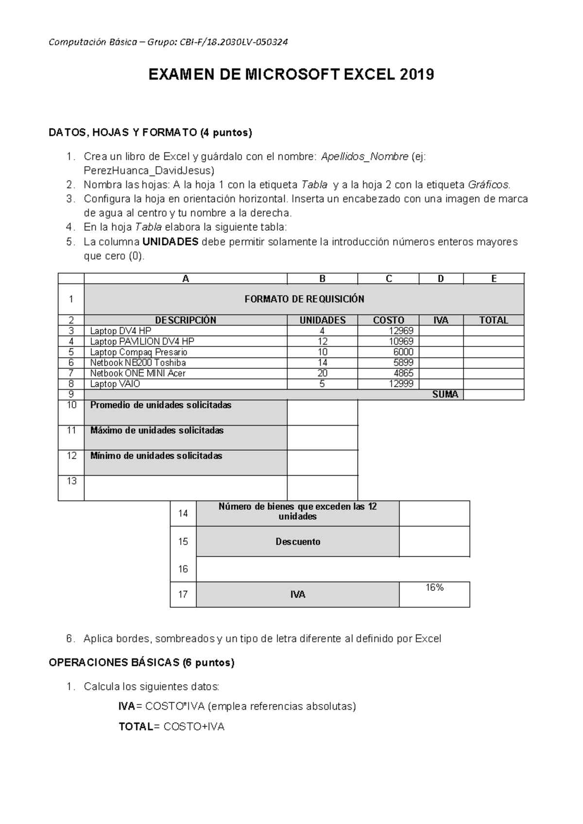 Computación Básica - Examen Práctico de Excel 2019 - Computación Básica – Grupo: CBI-F/18 ...