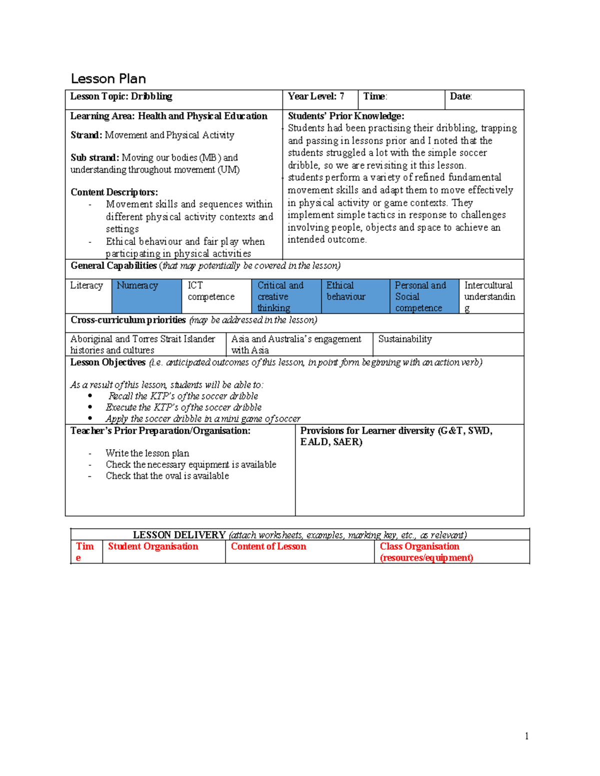 Soccer Dribbling year 7 - Lesson Plan Lesson Topic: Dribbling Year ...