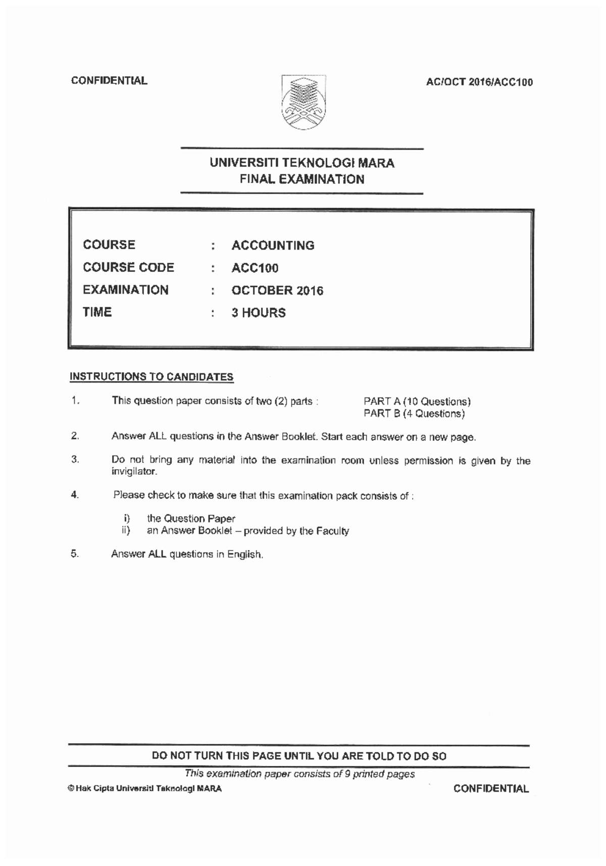 ACC100 - past eam paper - Introduction To Cost Accounting - Studocu