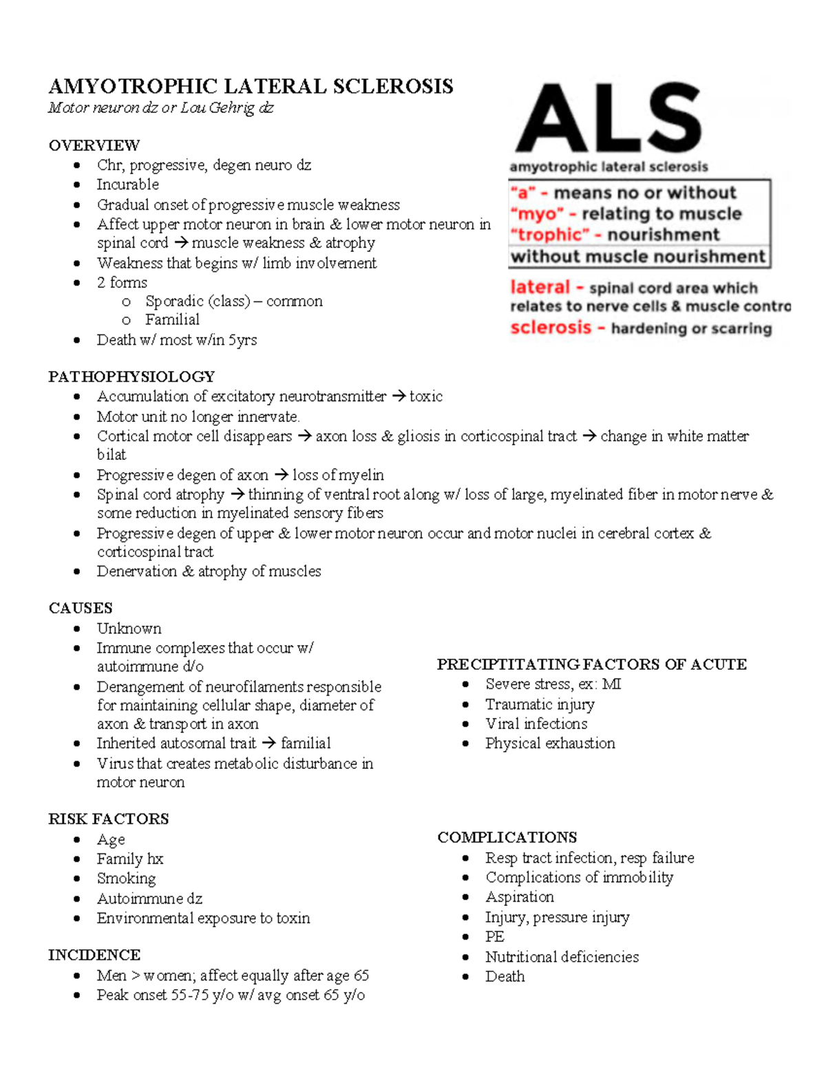Neuro - note - AMYOTROPHIC LATERAL SCLEROSIS Motor neuron dz or Lou ...