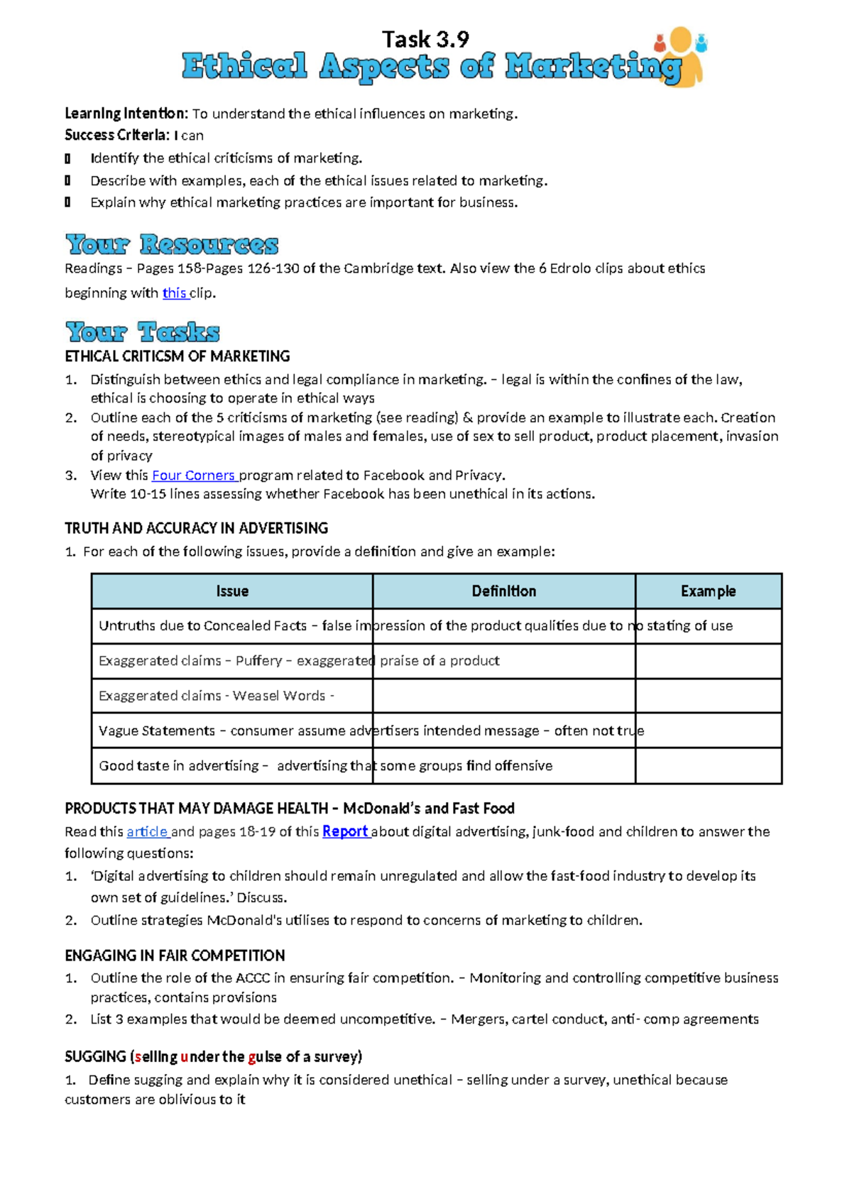 6. Task 3 - naa - Task 3. Learning intention: To understand the ethical influences on marketing ...