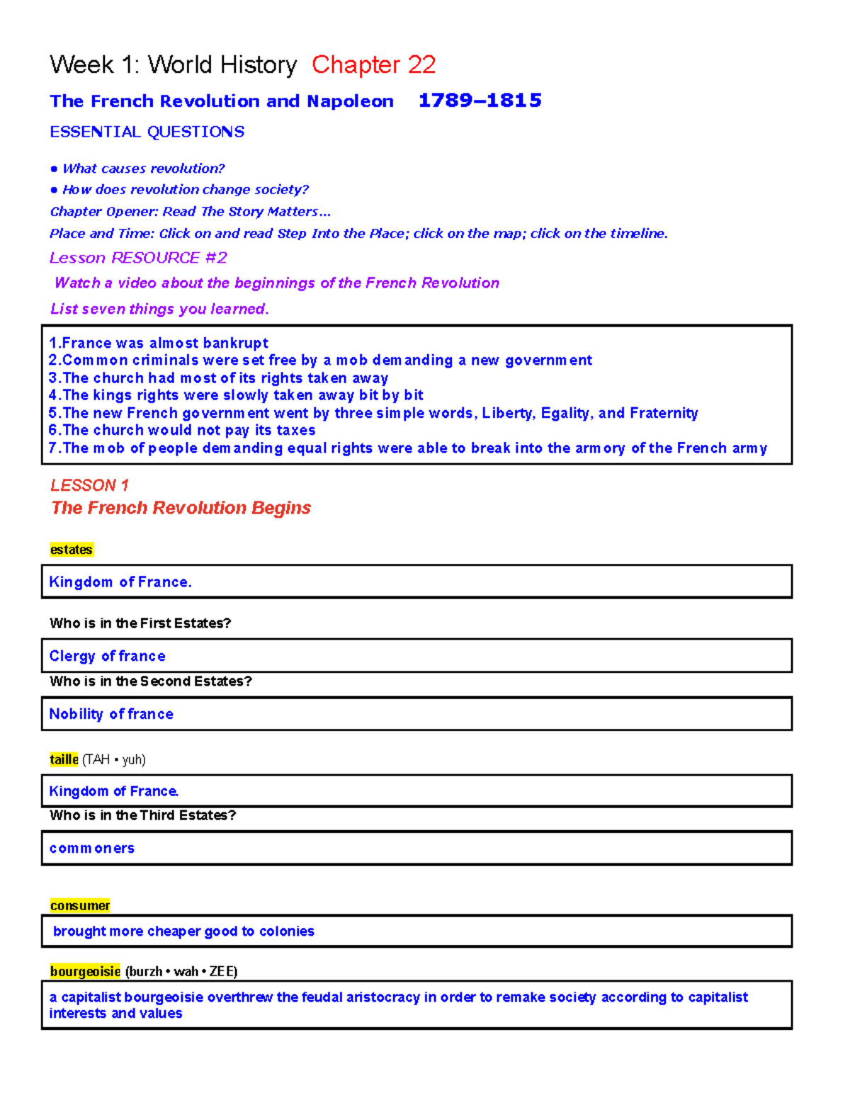 Week 1 World History French REV - Week 1: World History Chapter 22 The ...