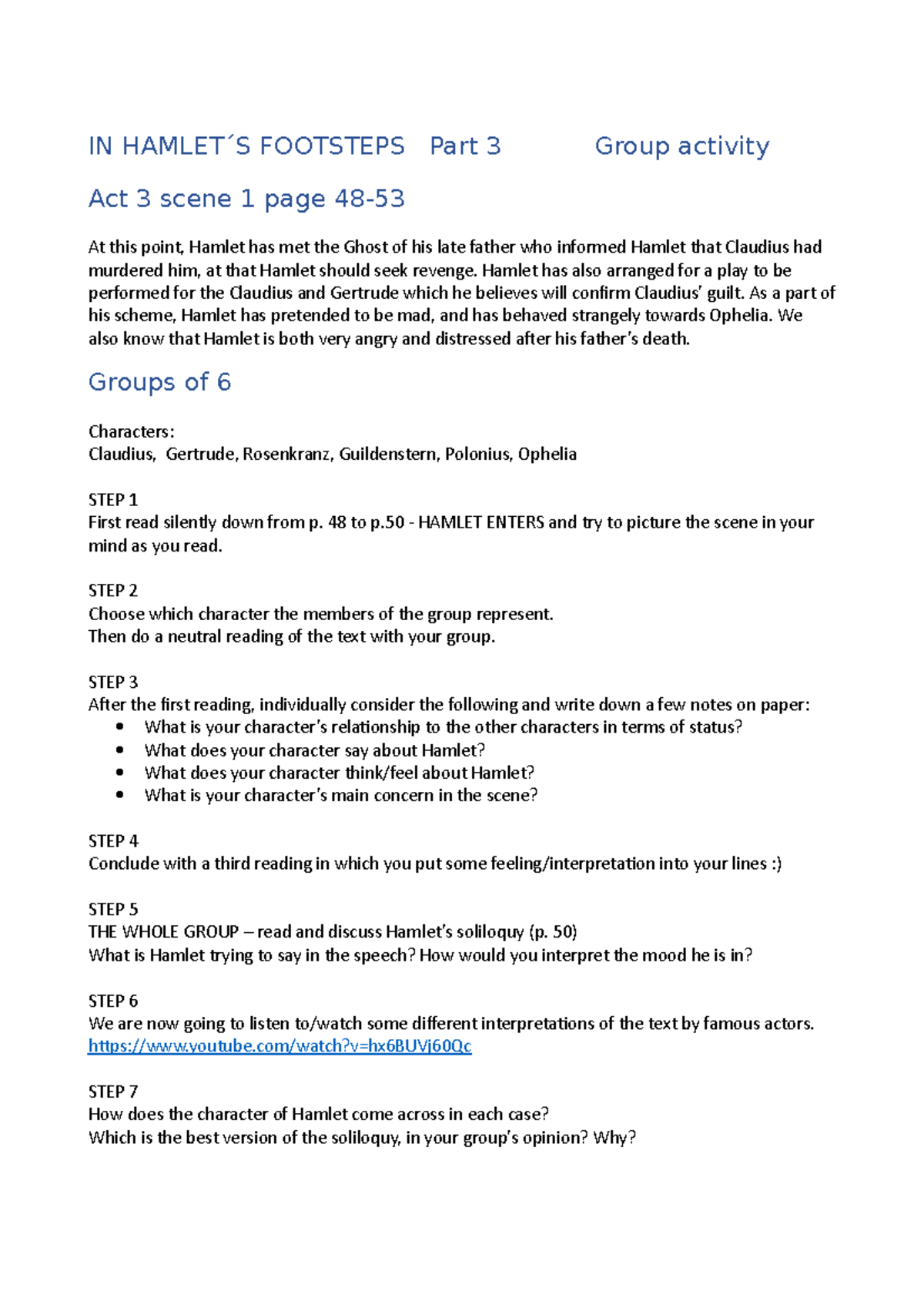 IN Hamlet´S Footsteps Part 3 Group activity - IN HAMLET ́S FOOTSTEPS ...