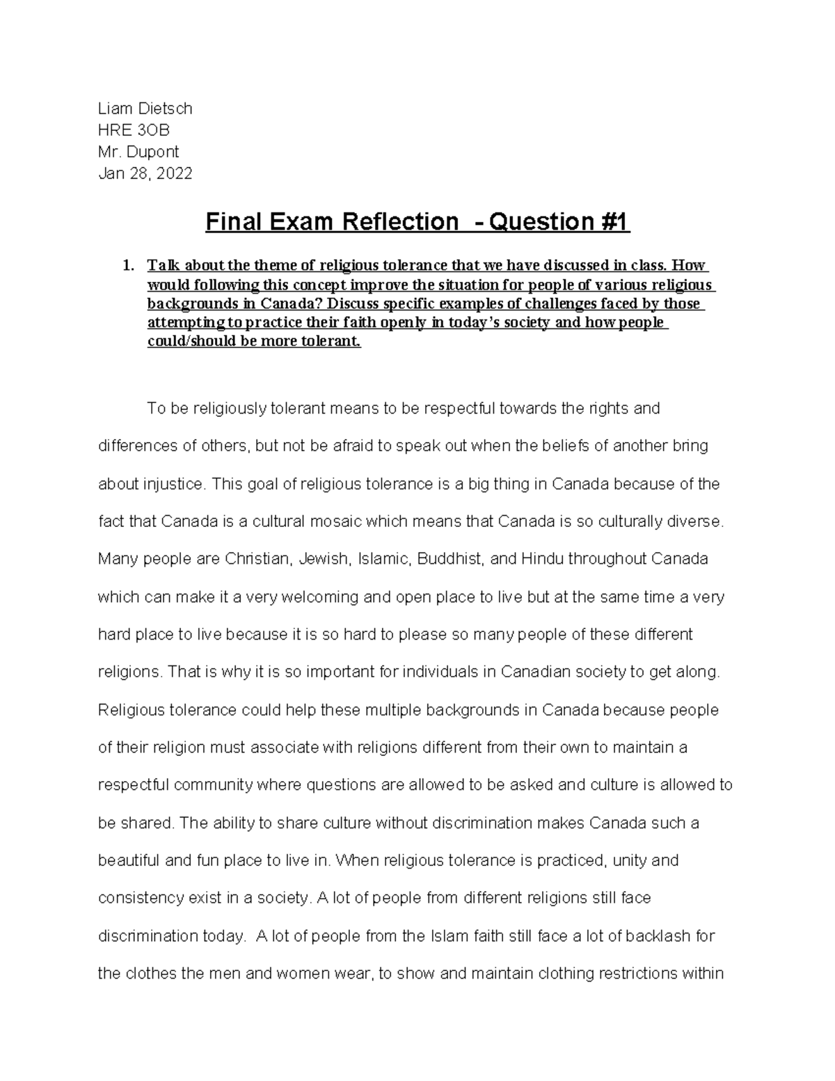 Final Exam Reflection - htffcfcc - Liam Dietsch HRE 3OB Mr. Dupont Jan ...
