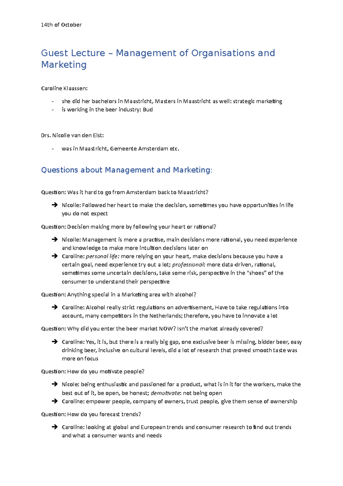 Exam relevant guest lecture, summary 14 - 14th of October Guest Lecture ...