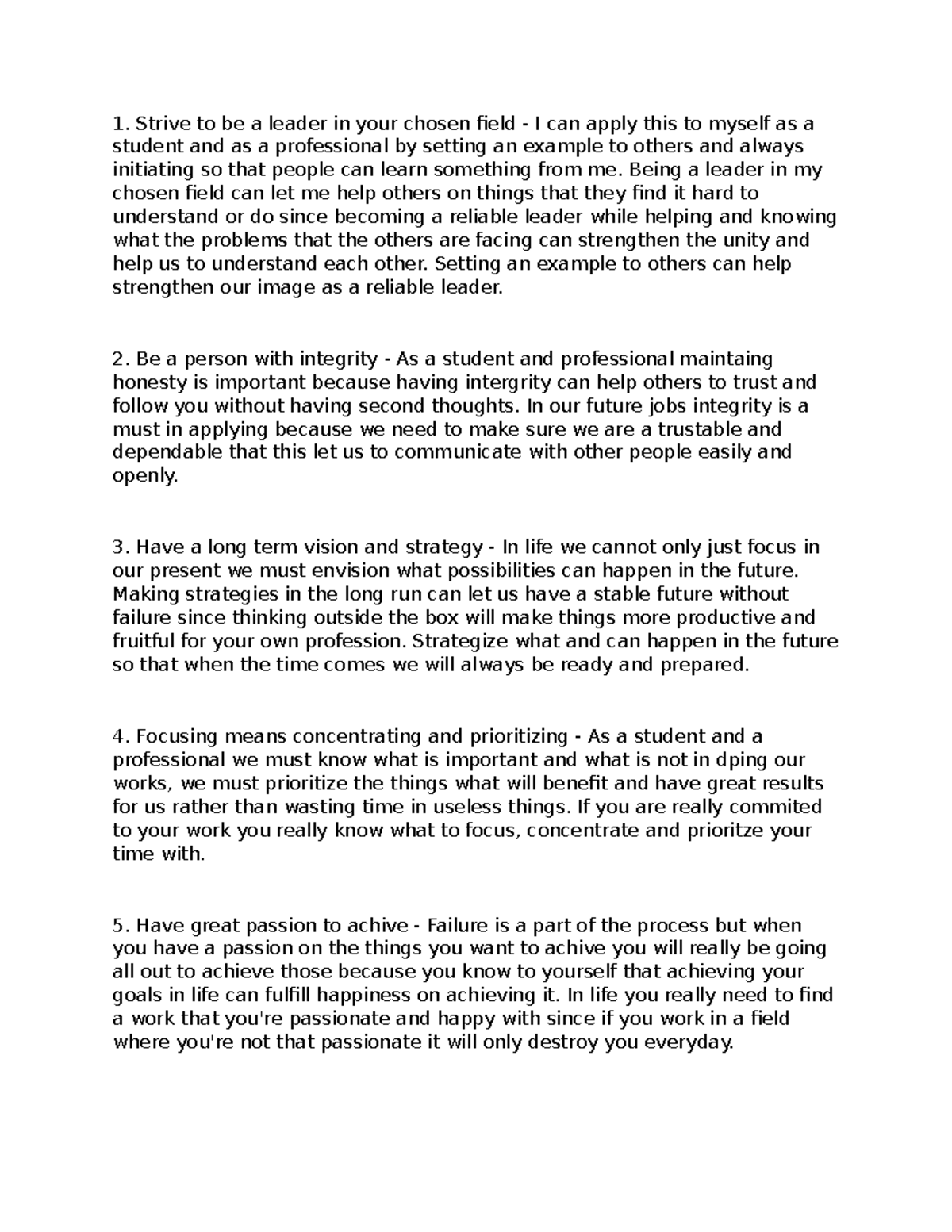 Aurelio Finals(Activity) - Strive to be a leader in your chosen field ...