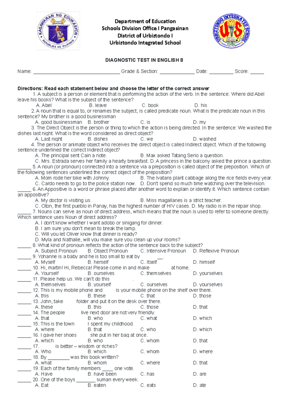 Diagnostic Test In English 8 Department Of Educa on Schools Division 