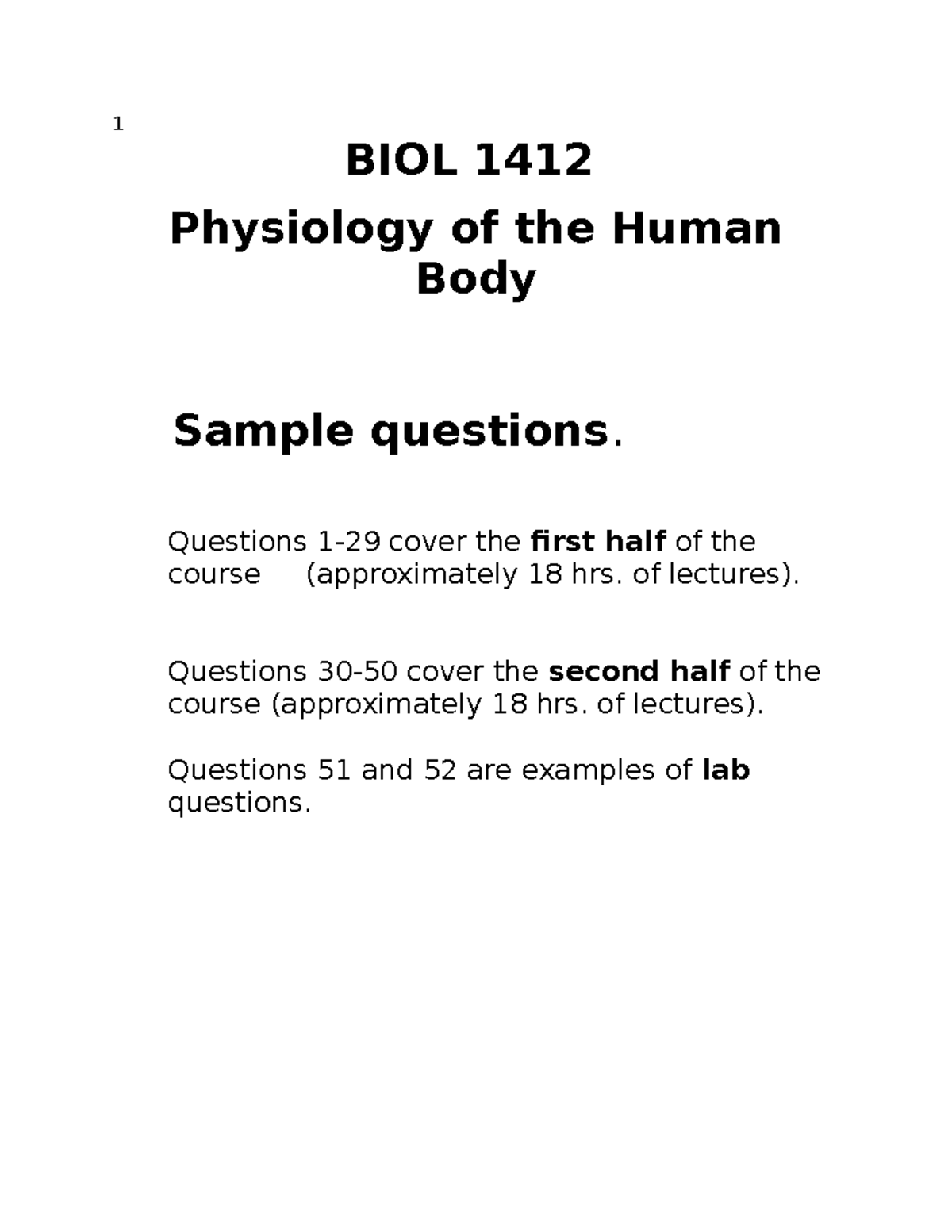 Sample/practice exam 8 March 2019, questions - 1 BIOL 1412 Physiology ...