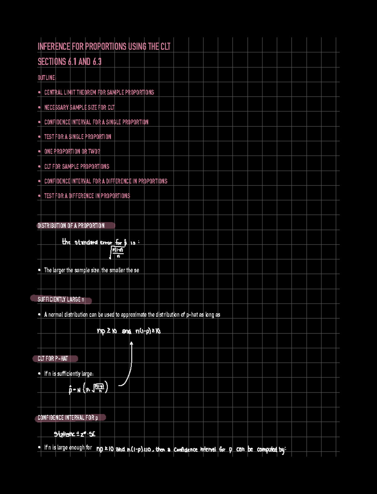 STAT Lecture 6.1 AND 6.3 Notes - INFERENCE FOR PROPORTIONS USING THE ...