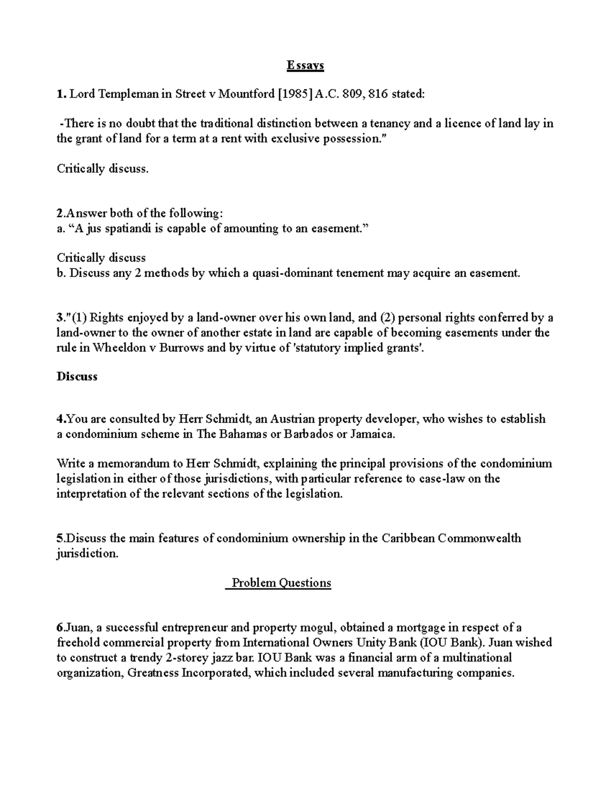 Real Property Review questions - Essays Lord Templeman in Street v ...
