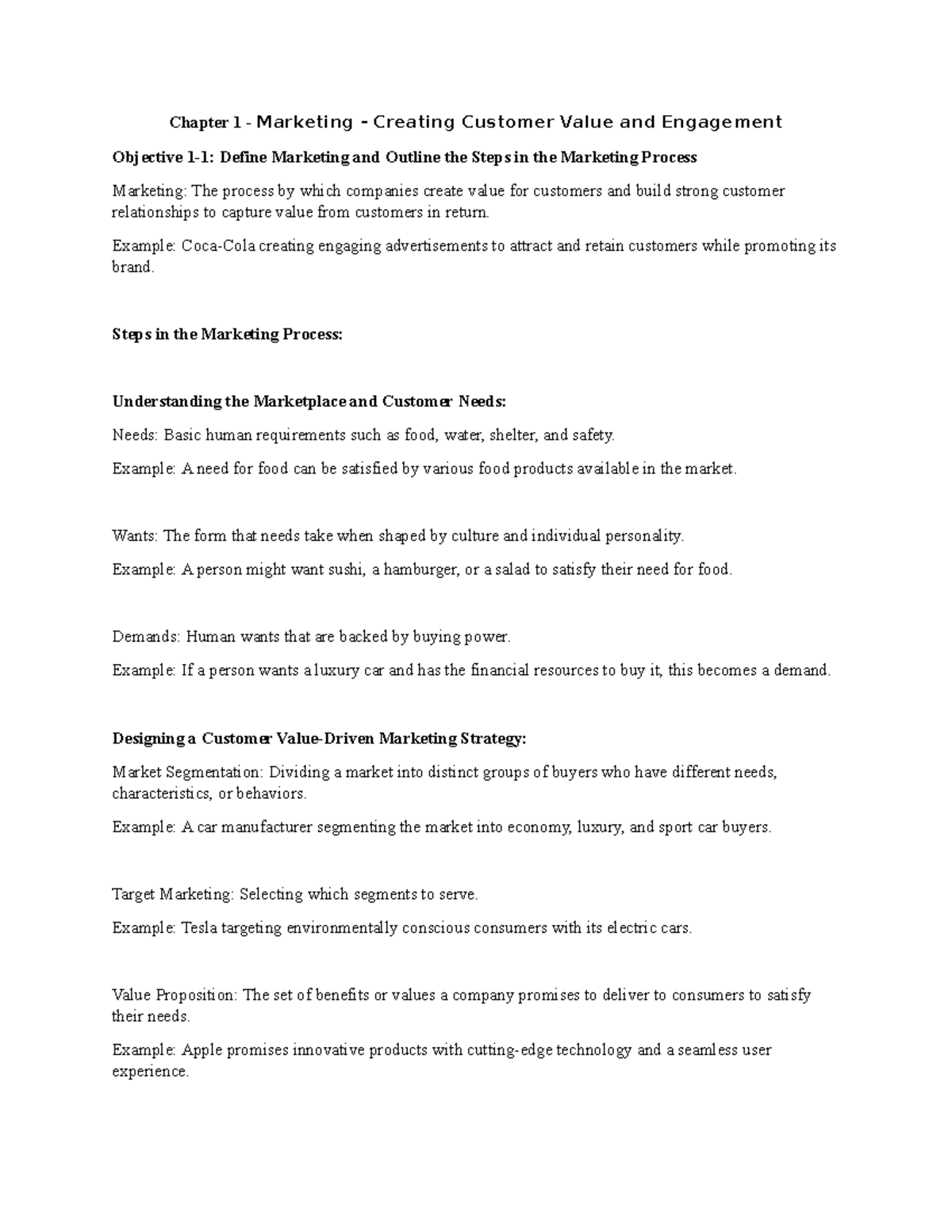 Chapter 1 to 10 - Chapter 1 - Marketing - Creating Customer Value and Engagement Objective 1-1 ...