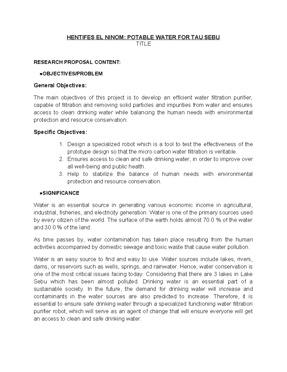 Project Proposal Water Filtration - HENTIFES EL NINOM: POTABLE WATER ...