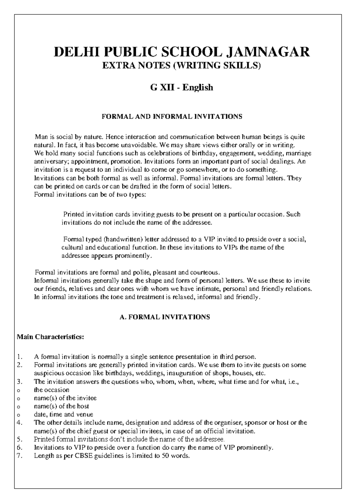 English Extra Notes - DELHI PUBLIC SCHOOL JAMNAGAR EXTRA NOTES (WRITING ...