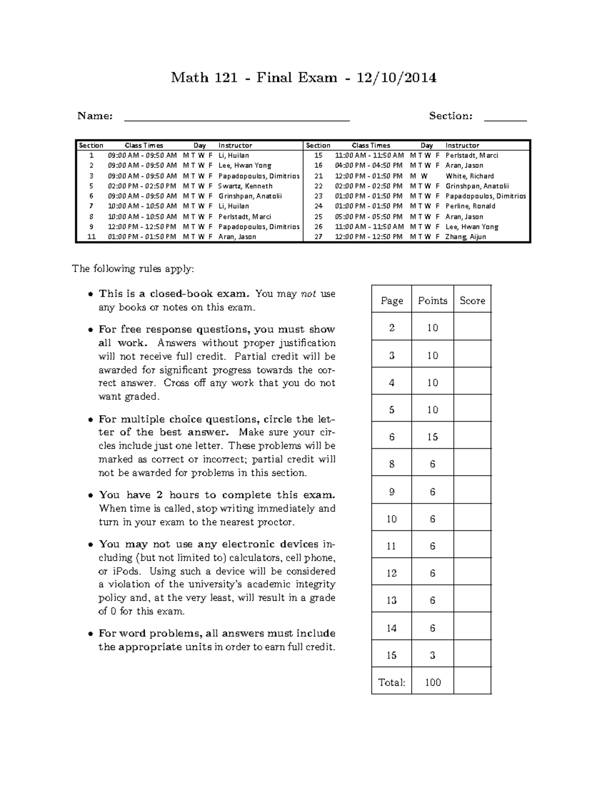 Math 121 Final Exam (2014 ) - Math 121 - Final Exam - 12/10/ Name ...