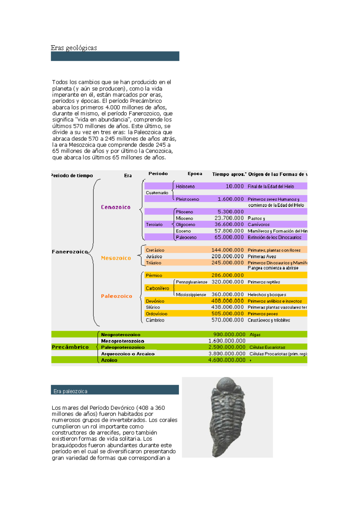 Eras geológicas - Descripción General de Eras Geologicas - Eras ...