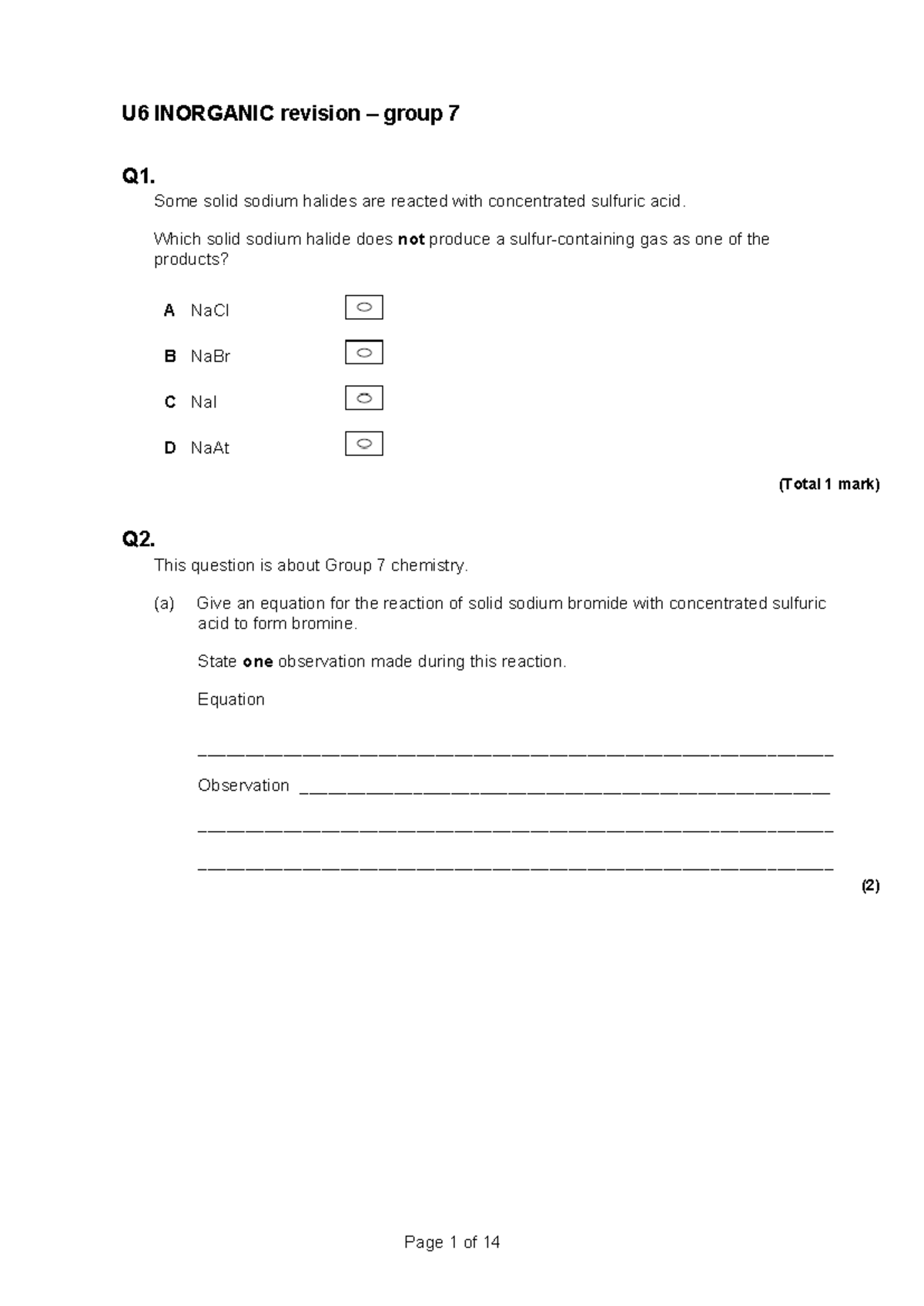 U6 Inorganic revision group 7 - U6 INORGANIC revision – group 7 Q1 ...