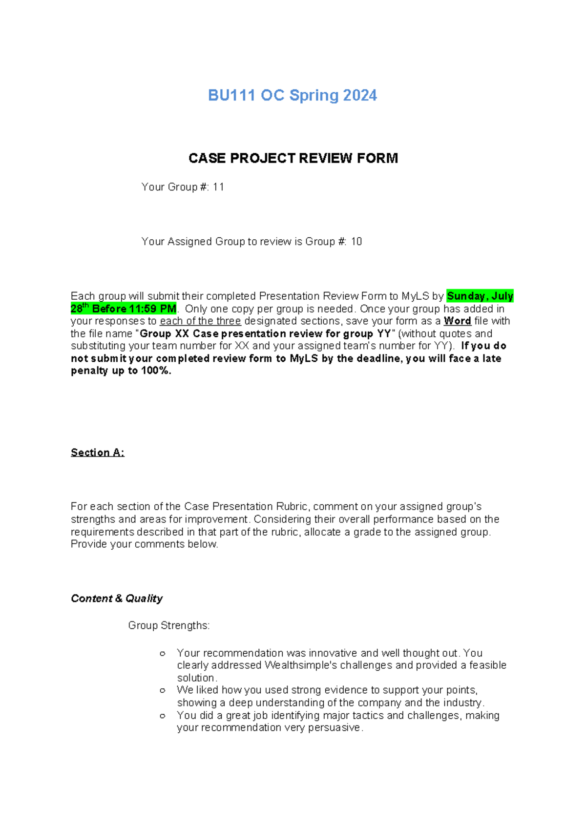 Review BU111 - Case study - BU111 OC Spring 2024 CASE PROJECT REVIEW ...