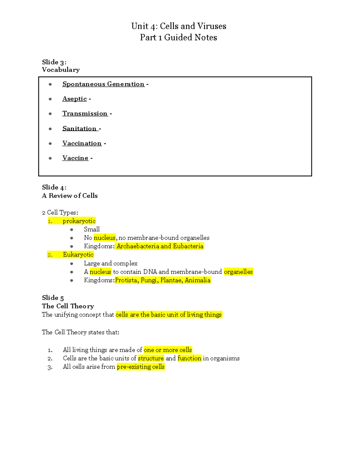 Copy of Unit 4 cells and Viruses Part 1 Guided Notes - Unit 4: Cells ...