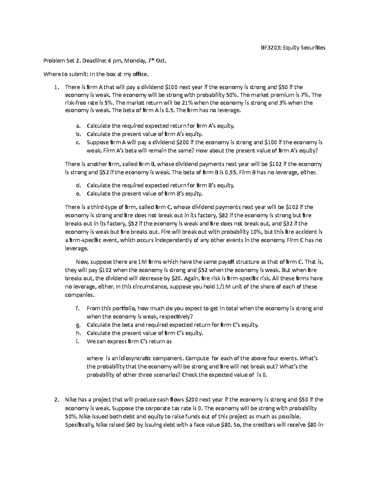 Pset 2 - notes - BF3203: Equity Securities Problem Set 2. Deadline: 6 ...