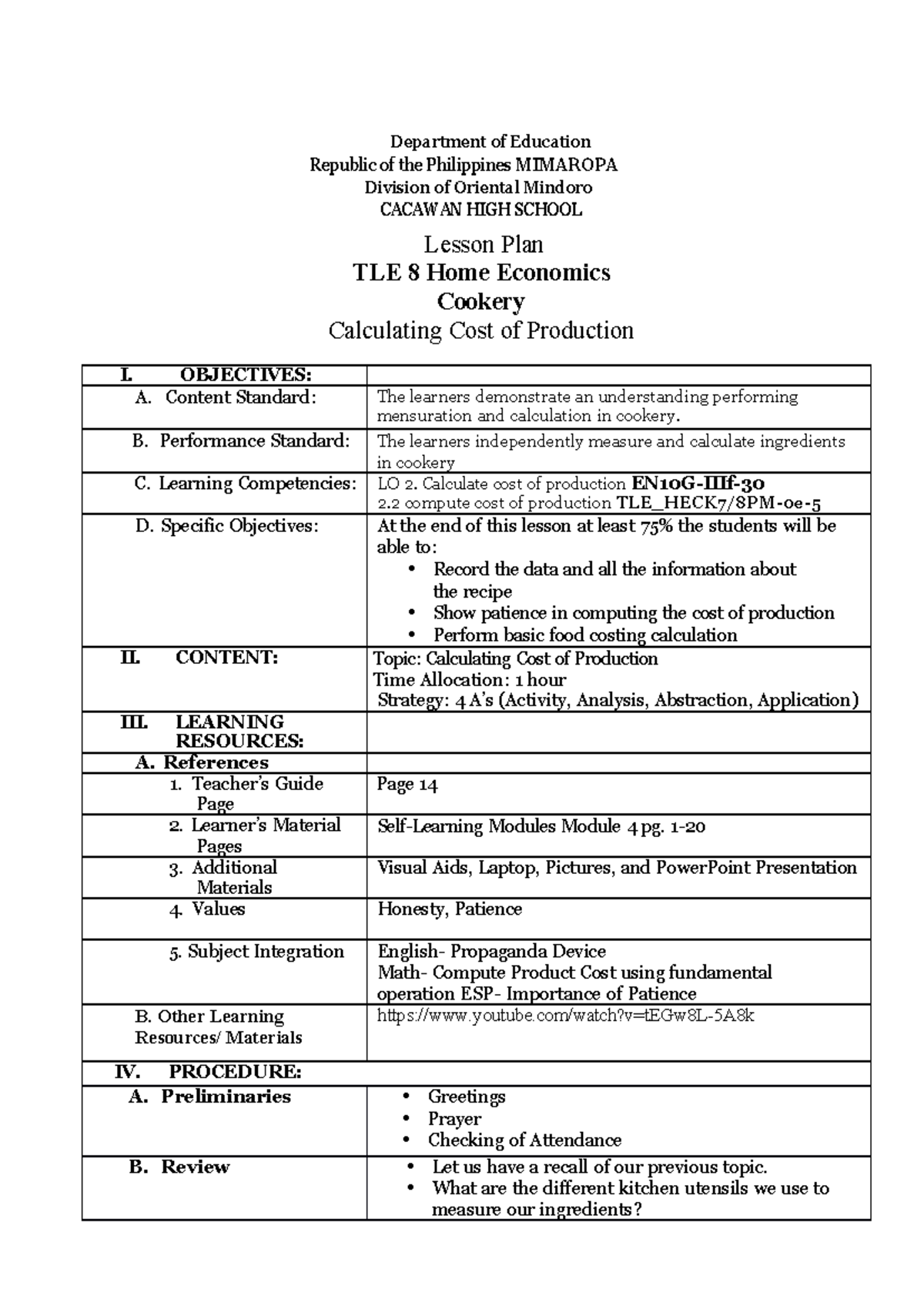COT 2nd-lesson-plan-tle-cookery - Department of Education Republic of the Philippines MIMAROPA ...