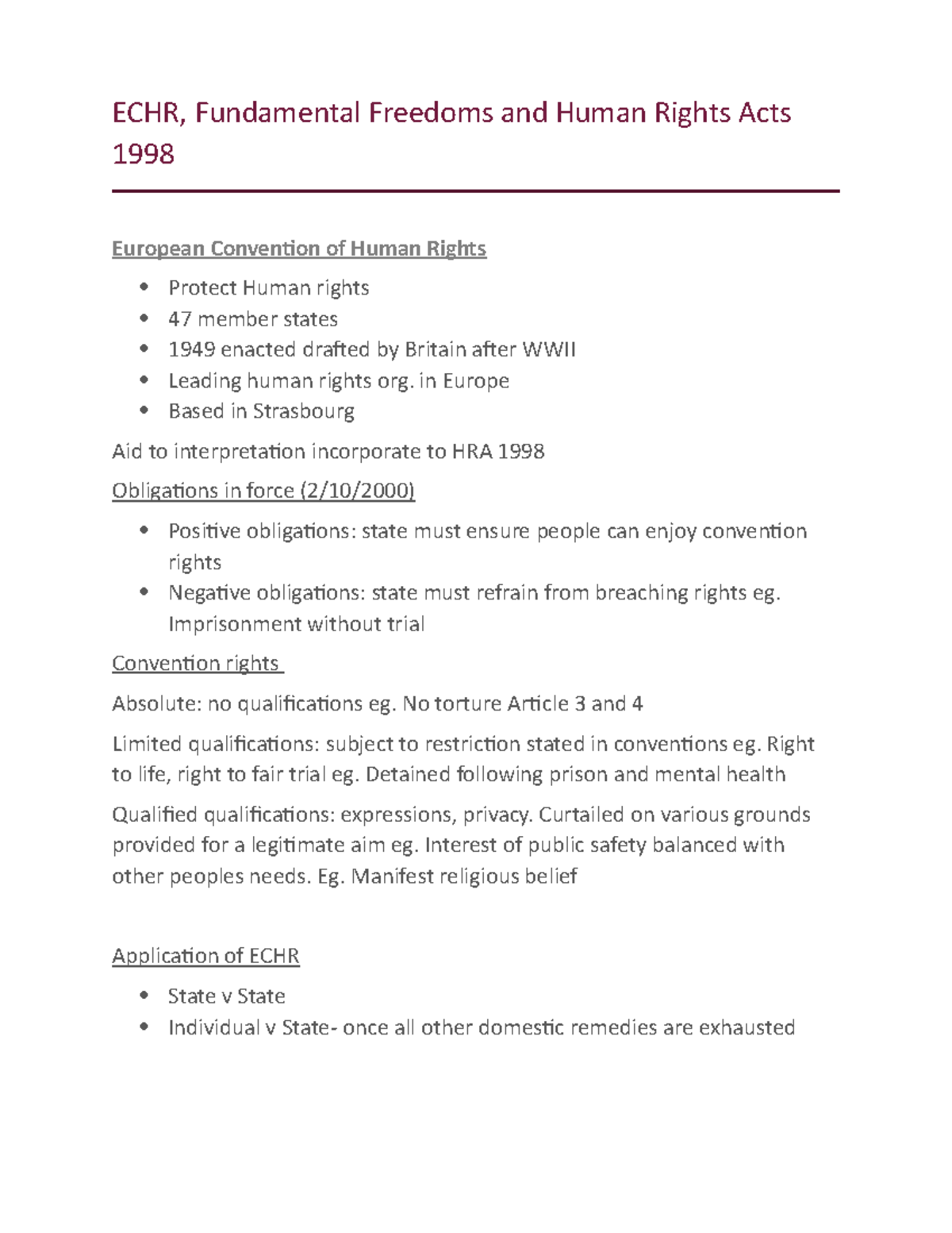 Lecture 12- ECHR, Fundemental freedoms, HR acts 1998 - ECHR ...