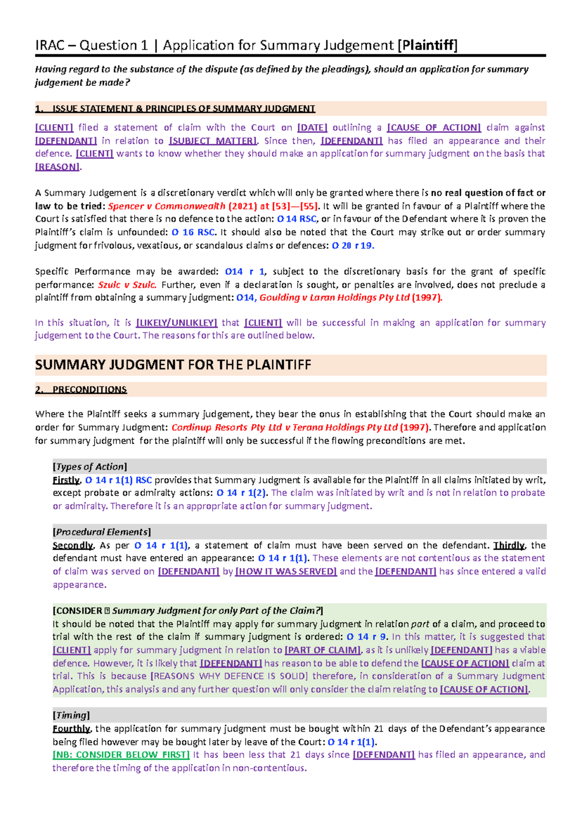 Summary Judgement Applications - IRAC – Question 1 | Application for ...