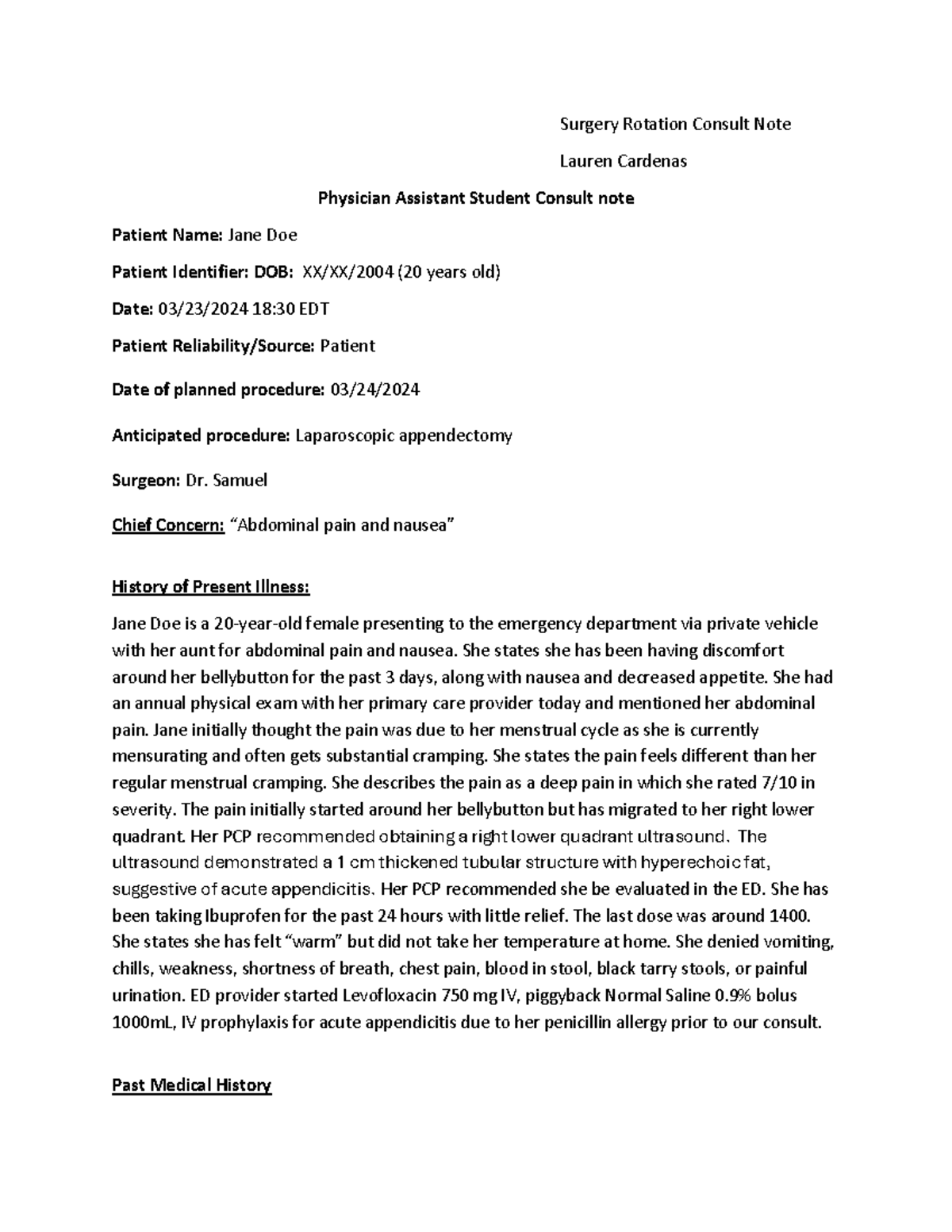 Consult note General Surgery - Surgery Rotation Consult Note Lauren ...