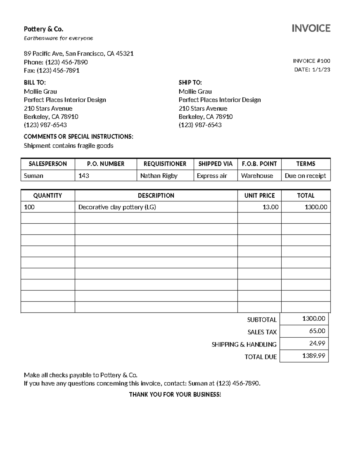 Simple sales invoice - Pottery & Co. Earthenware for everyone 89 ...