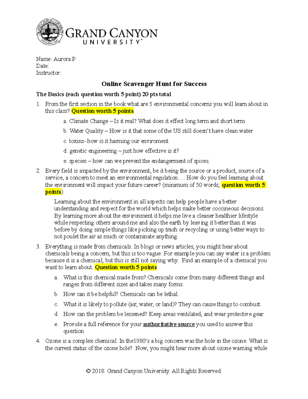 BIO 220 RS Online Scavenger Hunt For Success Resource - Name: Aurora P ...