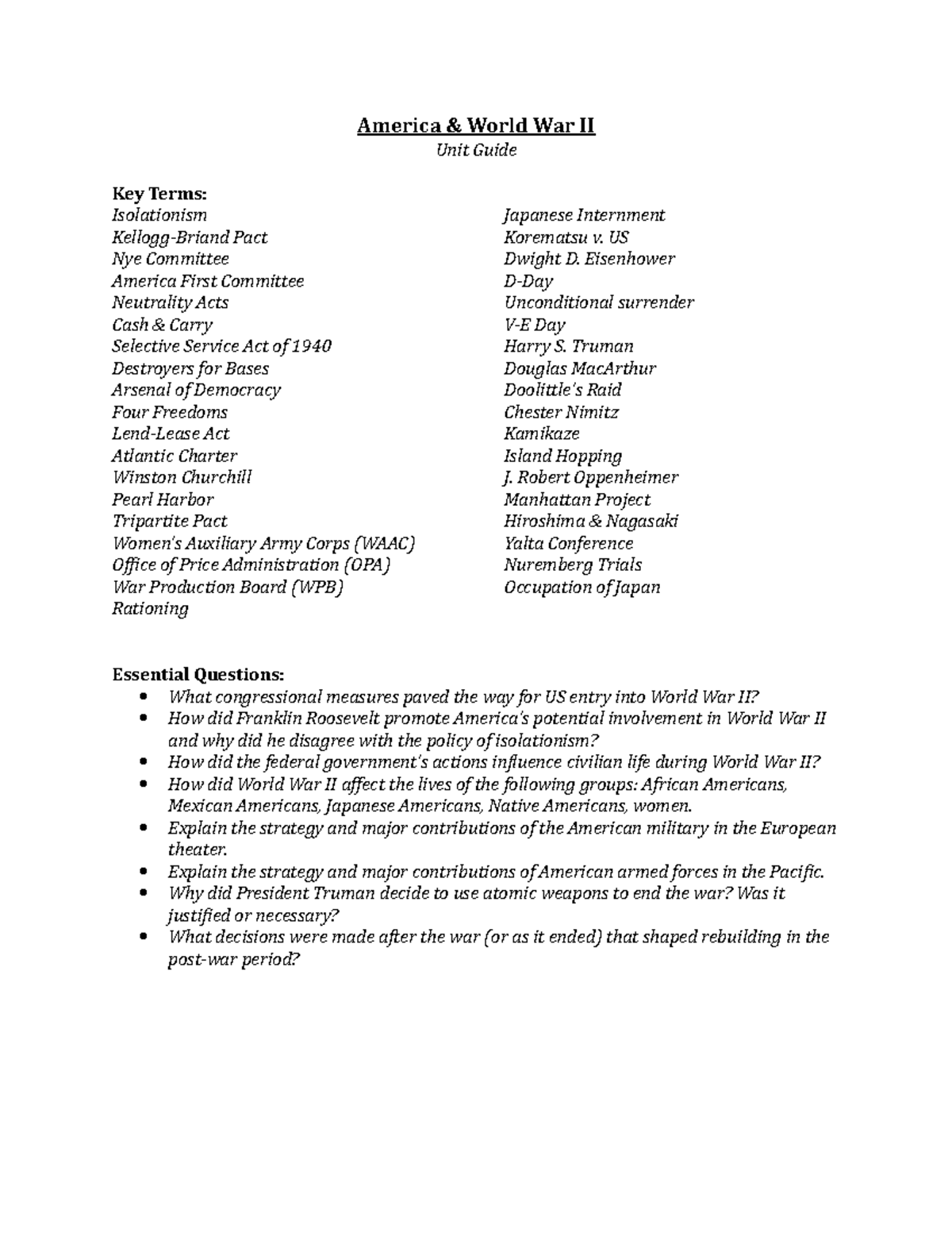 WWII - Unit Guide - America & World War II Unit Guide Key Terms ...