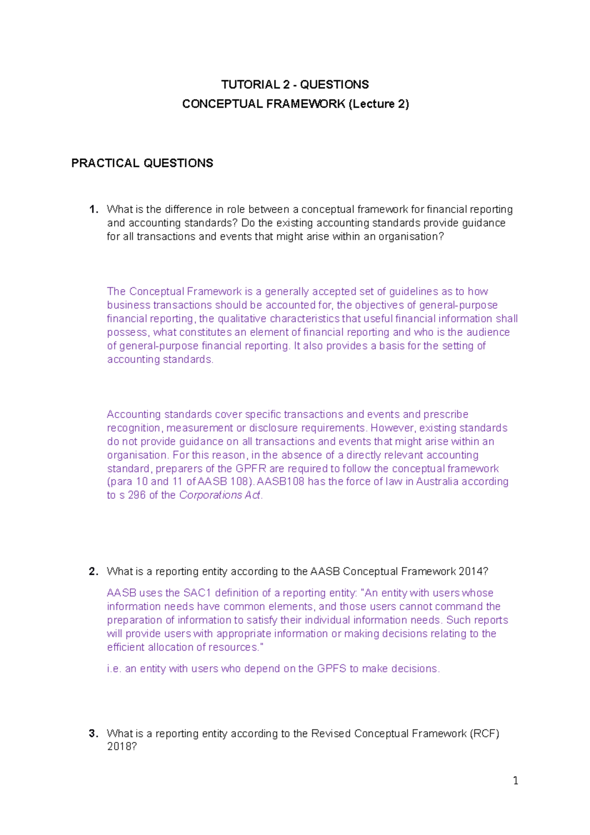 AYB200 tutorial 2 - TUTORIAL 2 - QUESTIONS CONCEPTUAL FRAMEWORK (Lecture 2) PRACTICAL QUESTIONS ...