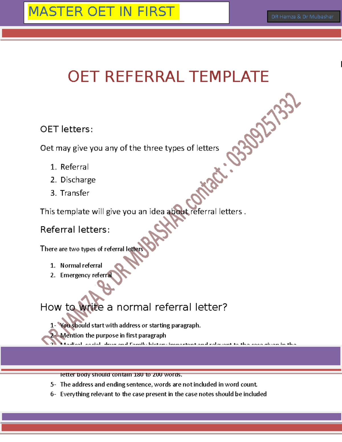 Wirting template - OET REFERRAL TEMPLATE OET letters: Oet may give you ...