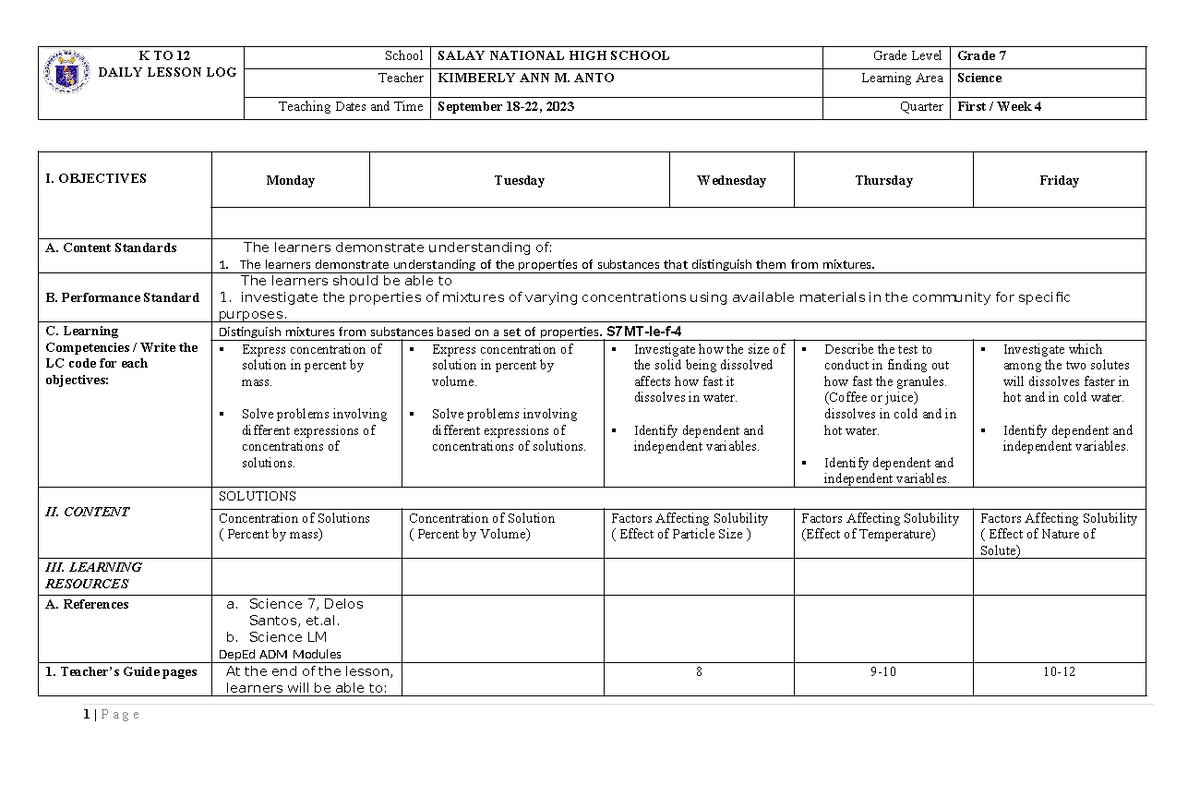 Science Dll Grade 7 Q1 Week 4 - K TO 12 DAILY LESSON LOG School SALAY ...