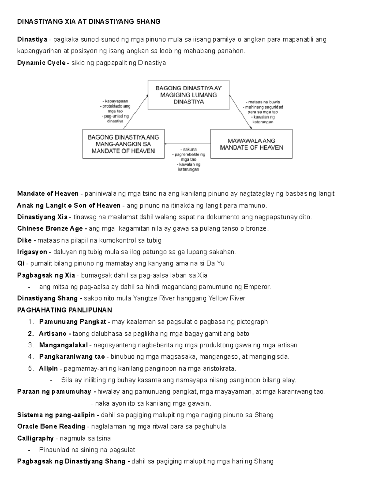 Fho - handout - DINASTIYANG XIA AT DINASTIYANG SHANG Dinastiya ...