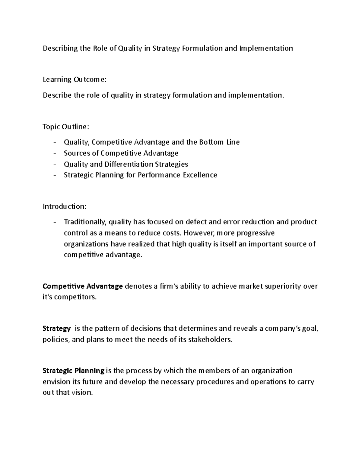 Role of Quality in Strategy Formulation and Implementation - 1 ...