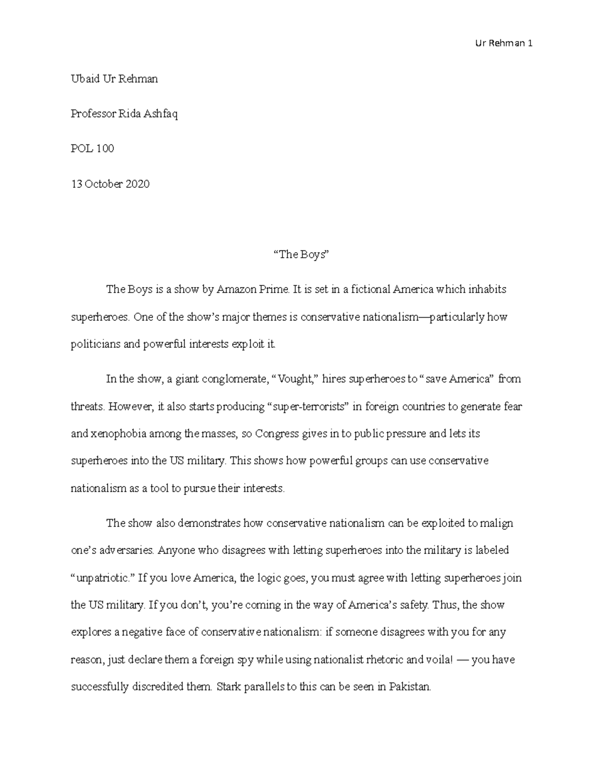 Pol 100 assignment 1 - POL 100 ass 1 - Ur Rehman 1 Ubaid Ur Rehman ...