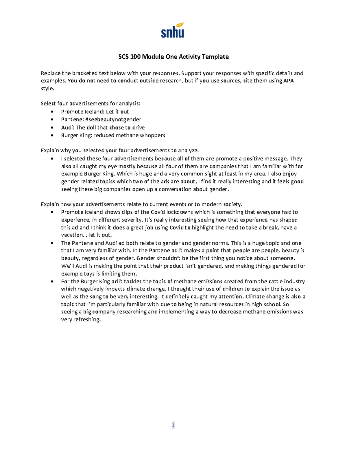 SCS 100 Module One Activity- Jacinda Kelly - 1 SCS 100 Module One ...