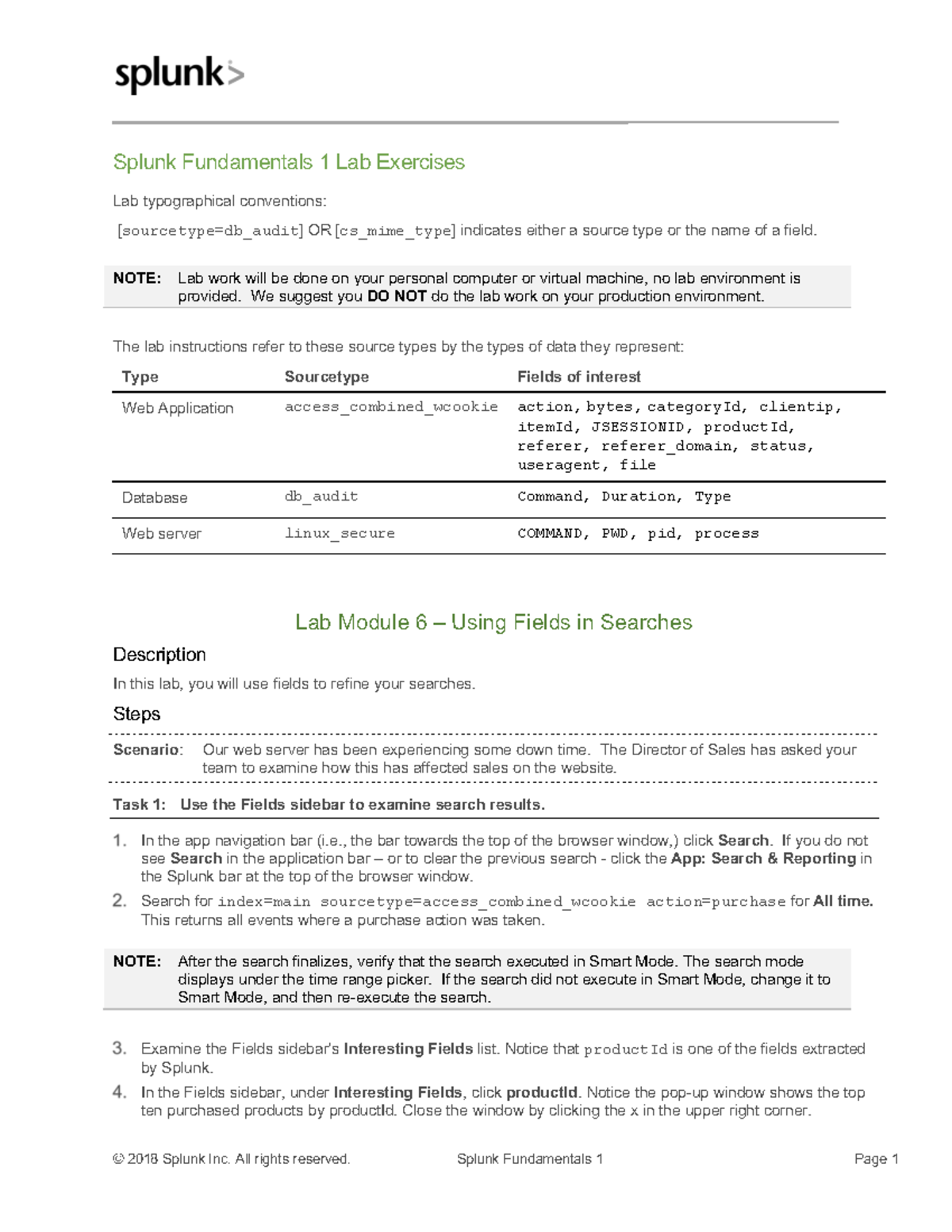 Spluk Module 4 - © 2018 Splunk Inc. All rights reserved. Splunk Fundamentals 1 Page 1 Splunk ...