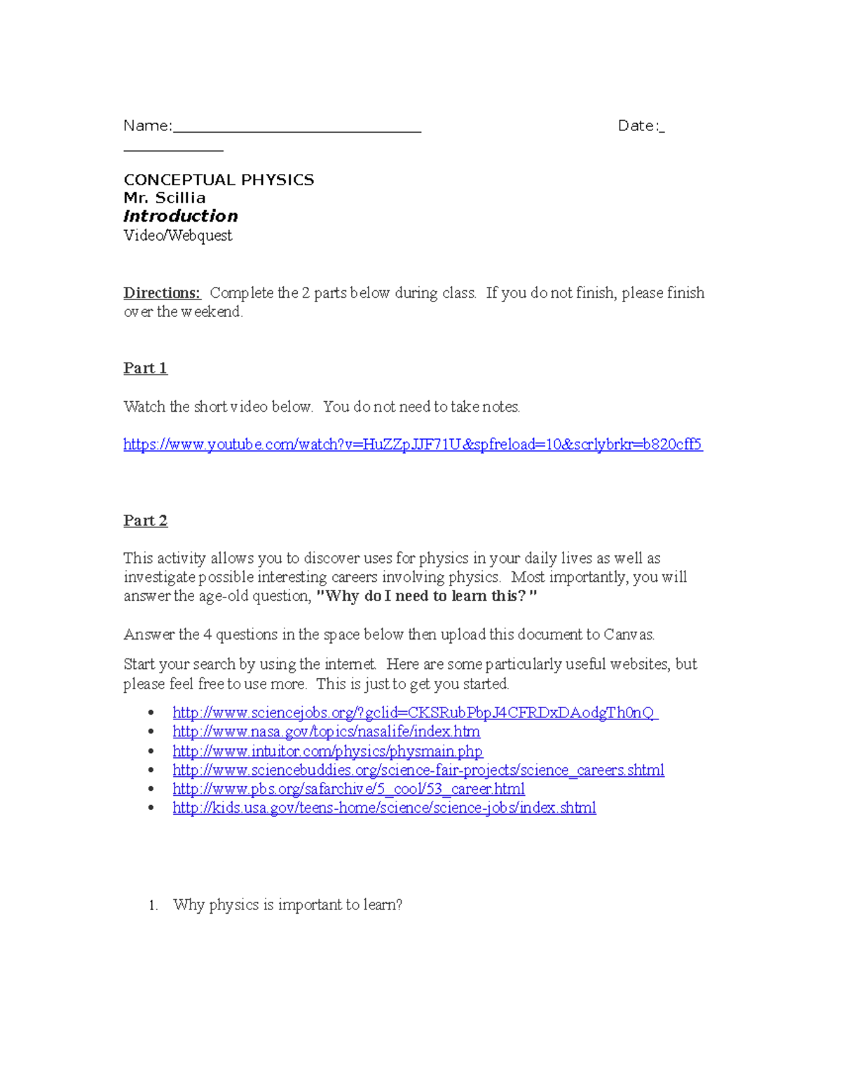Introduction webquest sub - Name: Date: CONCEPTUAL PHYSICS Mr. Scillia ...