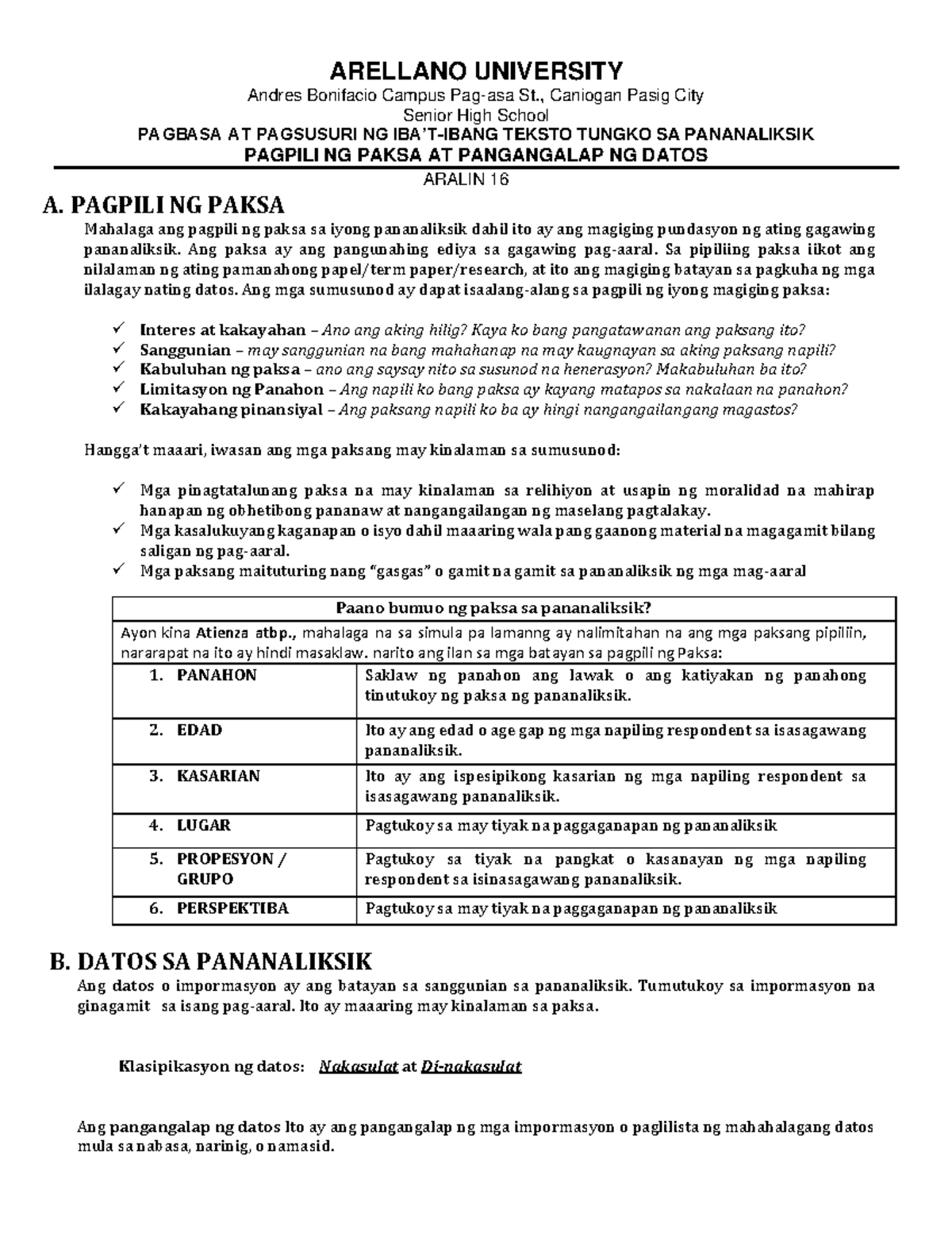 Aralin-16 - ttrjstjrstjsr - ARELLANO UNIVERSITY Andres Bonifacio Campus ...